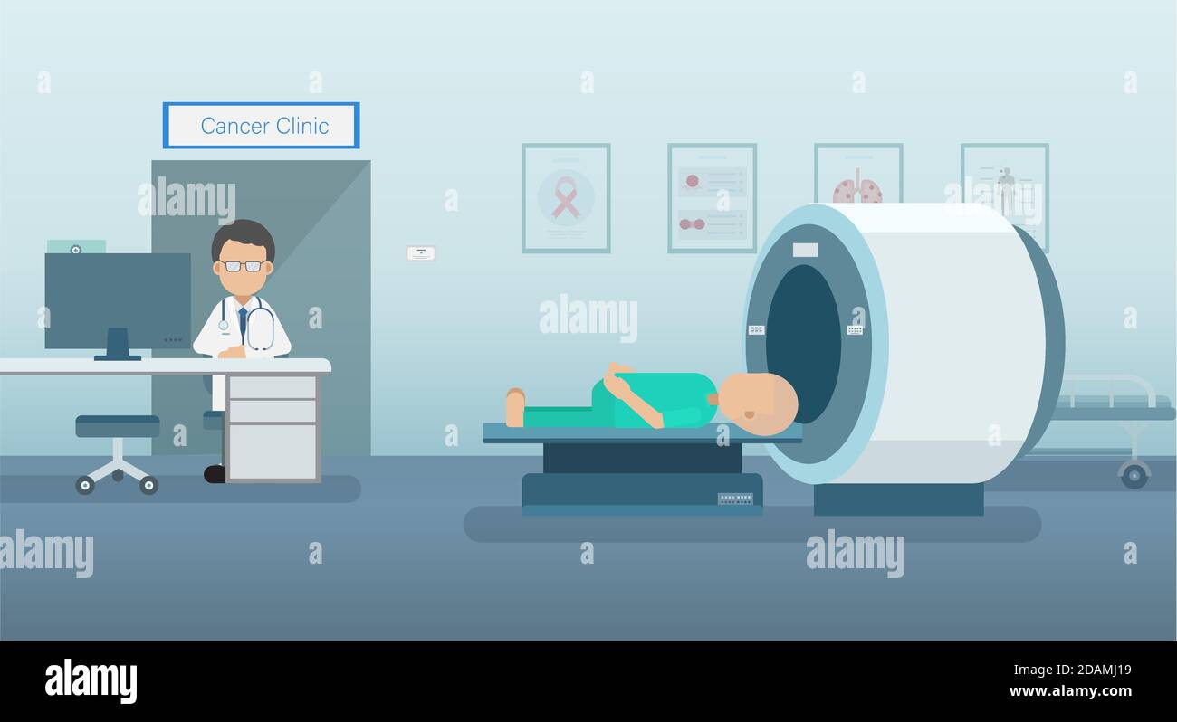 Doctor with cancer patient and ct scanner flat design vector ...