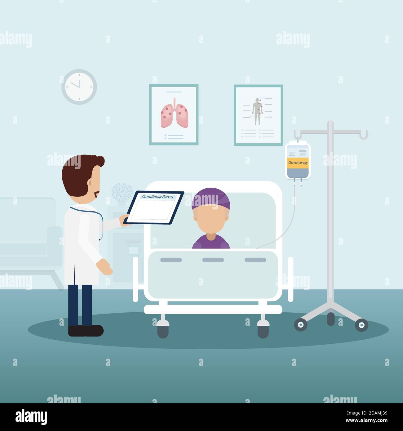 Chemotherapy room with patient and doctor flat design vector ...