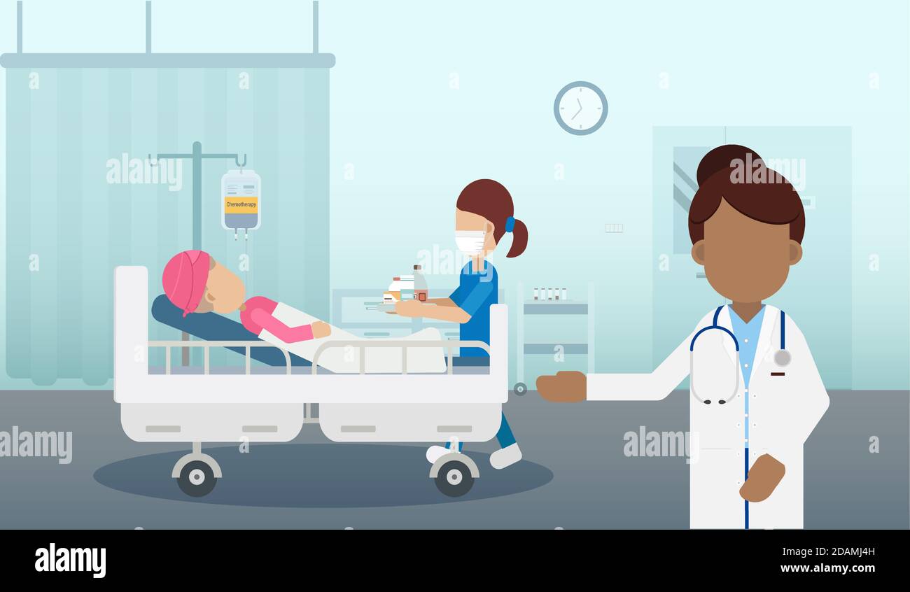Chemotherapy room with patient and medical staff flat design vector ...