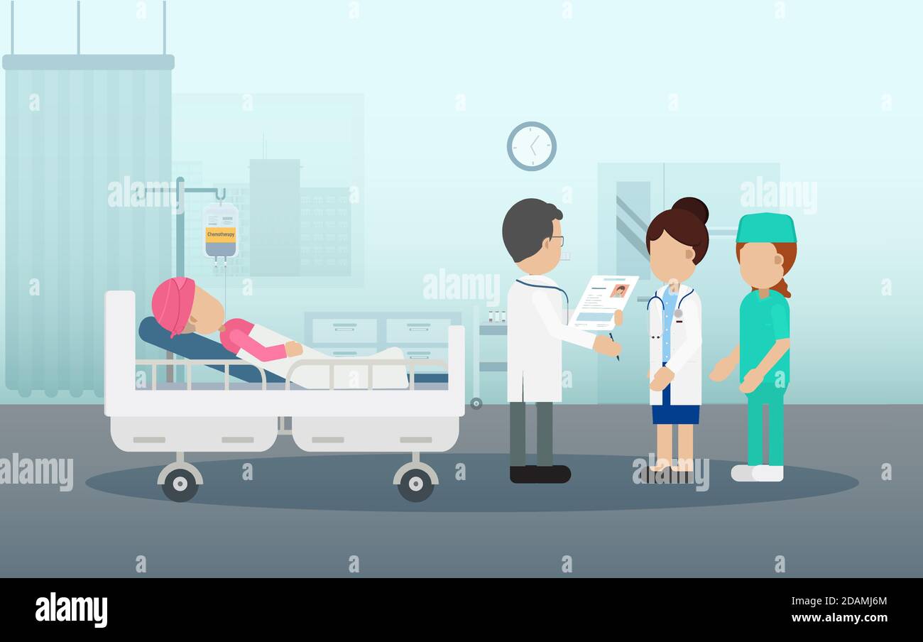 Chemotherapy room with patient and medical staff flat design vector ...