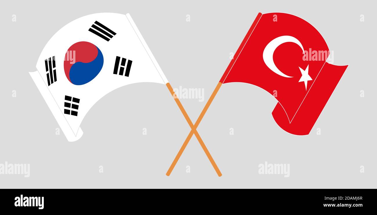 Crossed and waving flags of Turkey and South Korea. Vector illustration ...