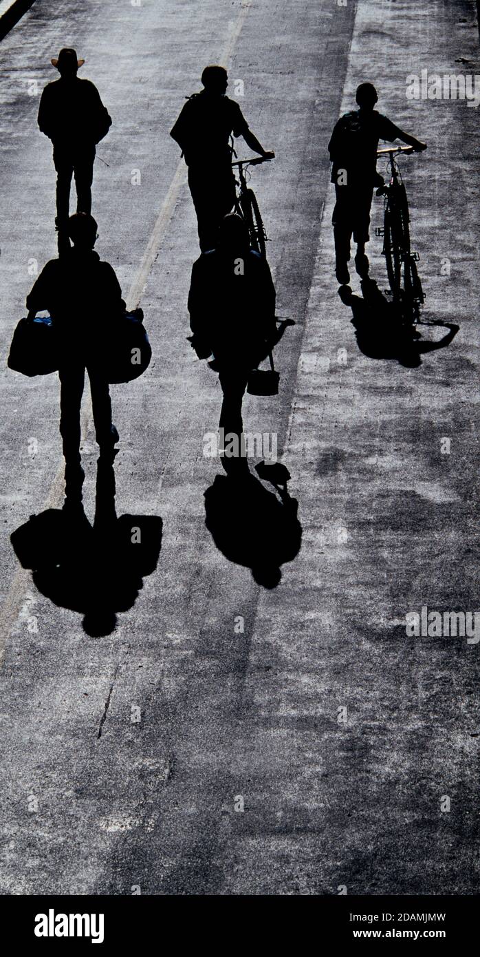 Pedestrian shadows on a blacktop road. A shadow is a dark (real image ...