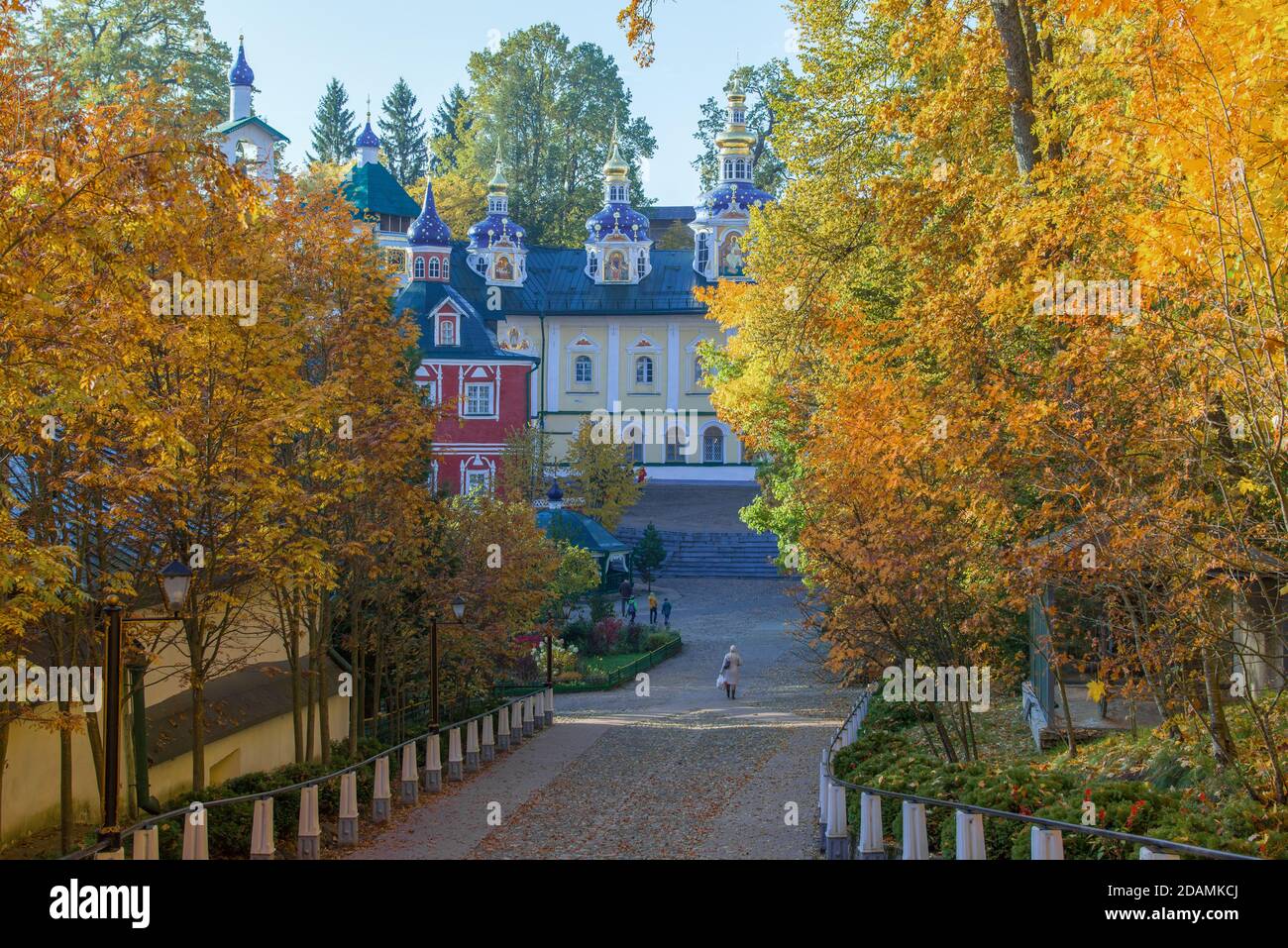Golden autumn in the Holy Dormition Pskovo-Pechersky monastery. Pechory ...