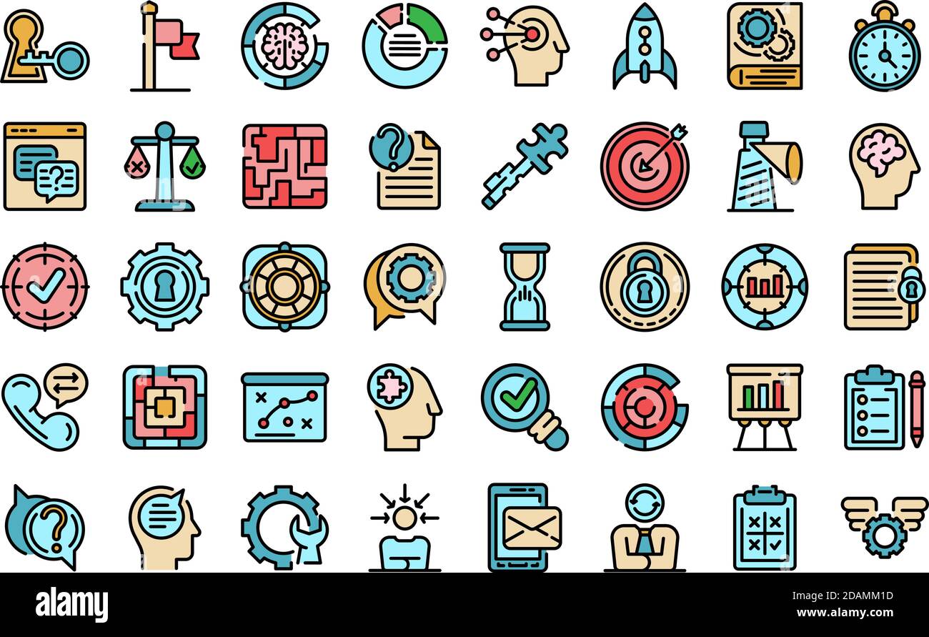 Problem solving icons set. Outline set of problem solving vector icons ...