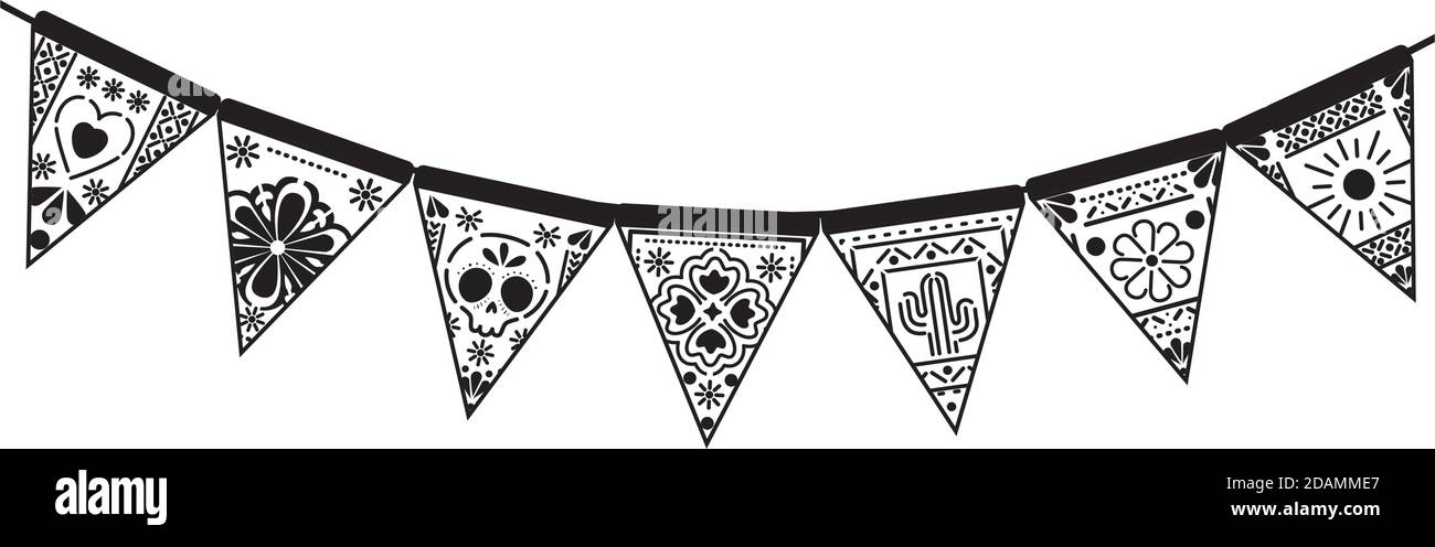 Papel Picado Clip Art Black And White Free Vector | Hand Drawn Papel