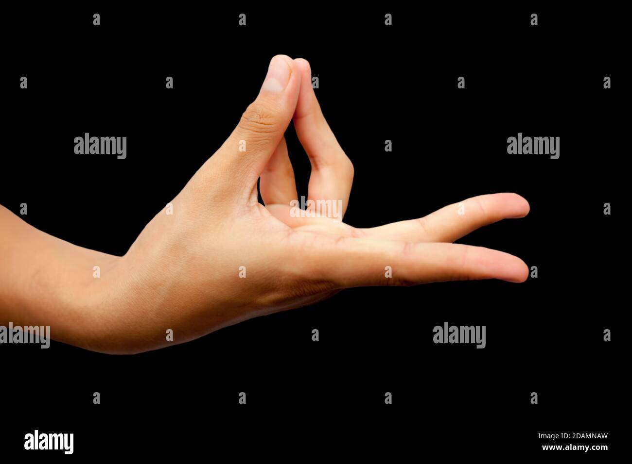 Shot of a male hand demonstrating Prana Mudra isolated on black ...