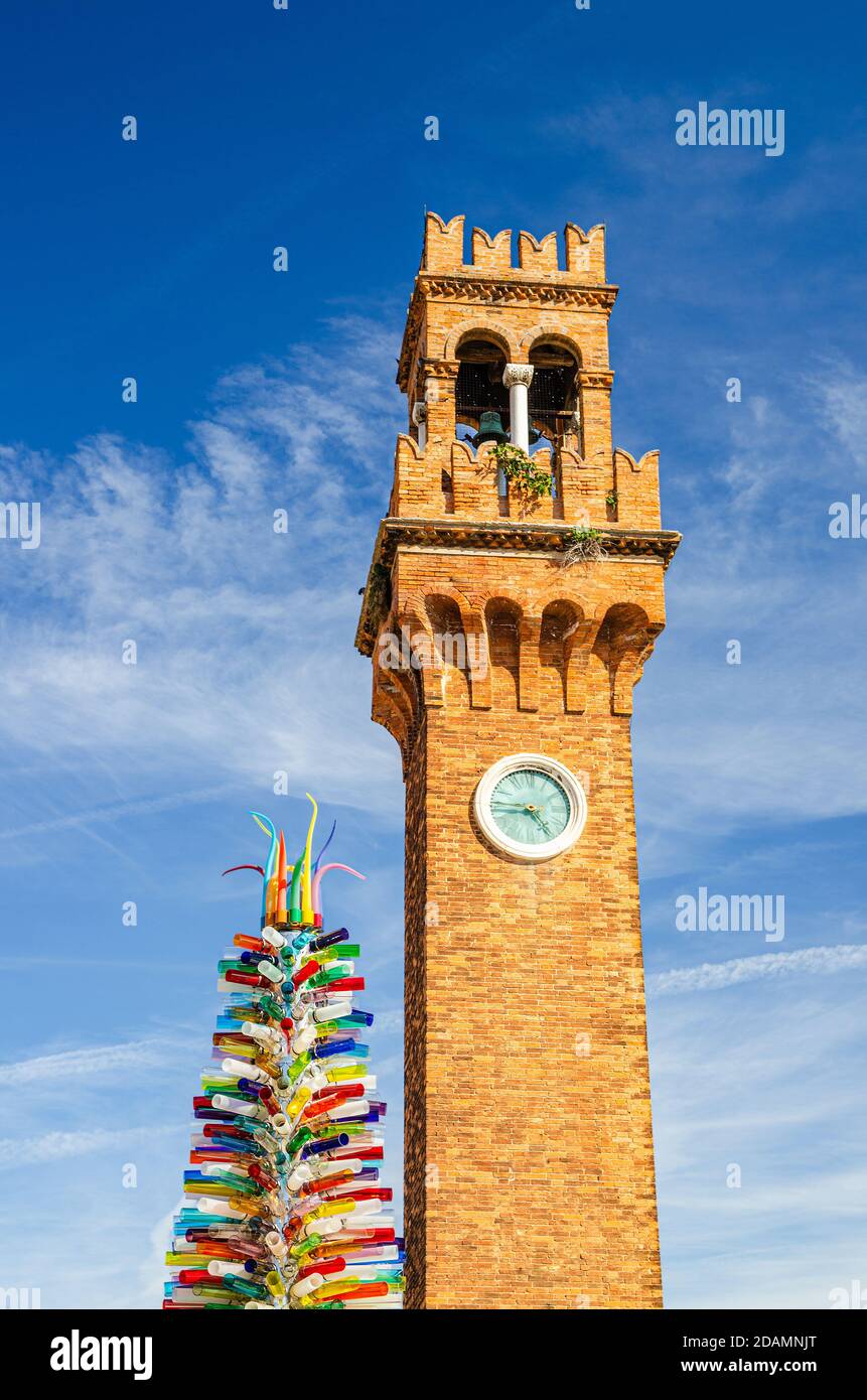 Top of Murano clock tower Torre dell'Orologio and Colorful christmas ...