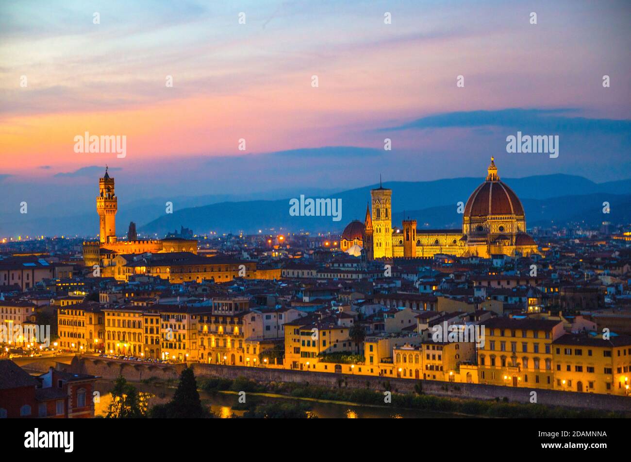 Top aerial panoramic evening view of Florence city with Duomo ...