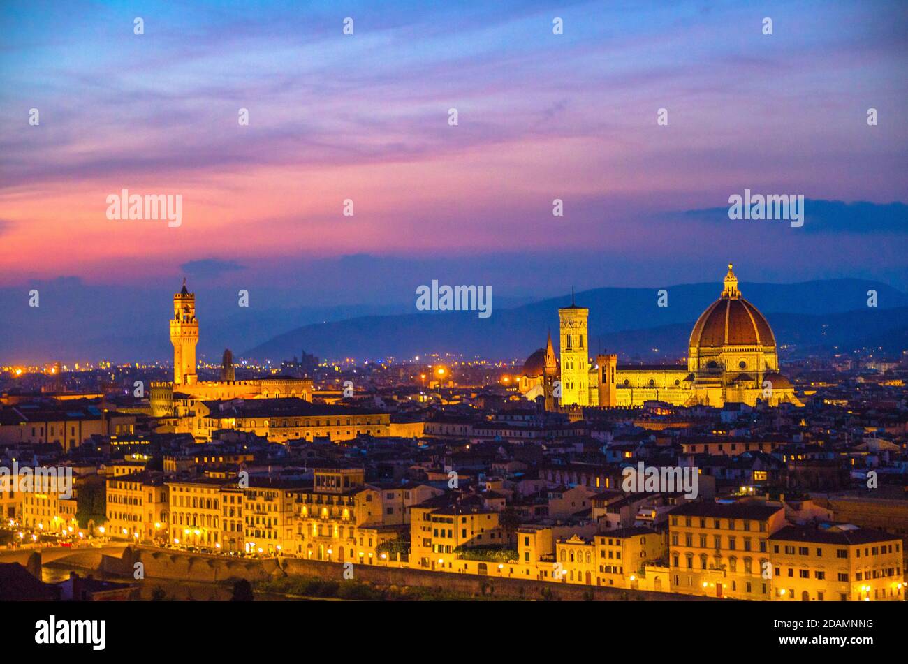 Top aerial panoramic evening view of Florence city with Duomo ...