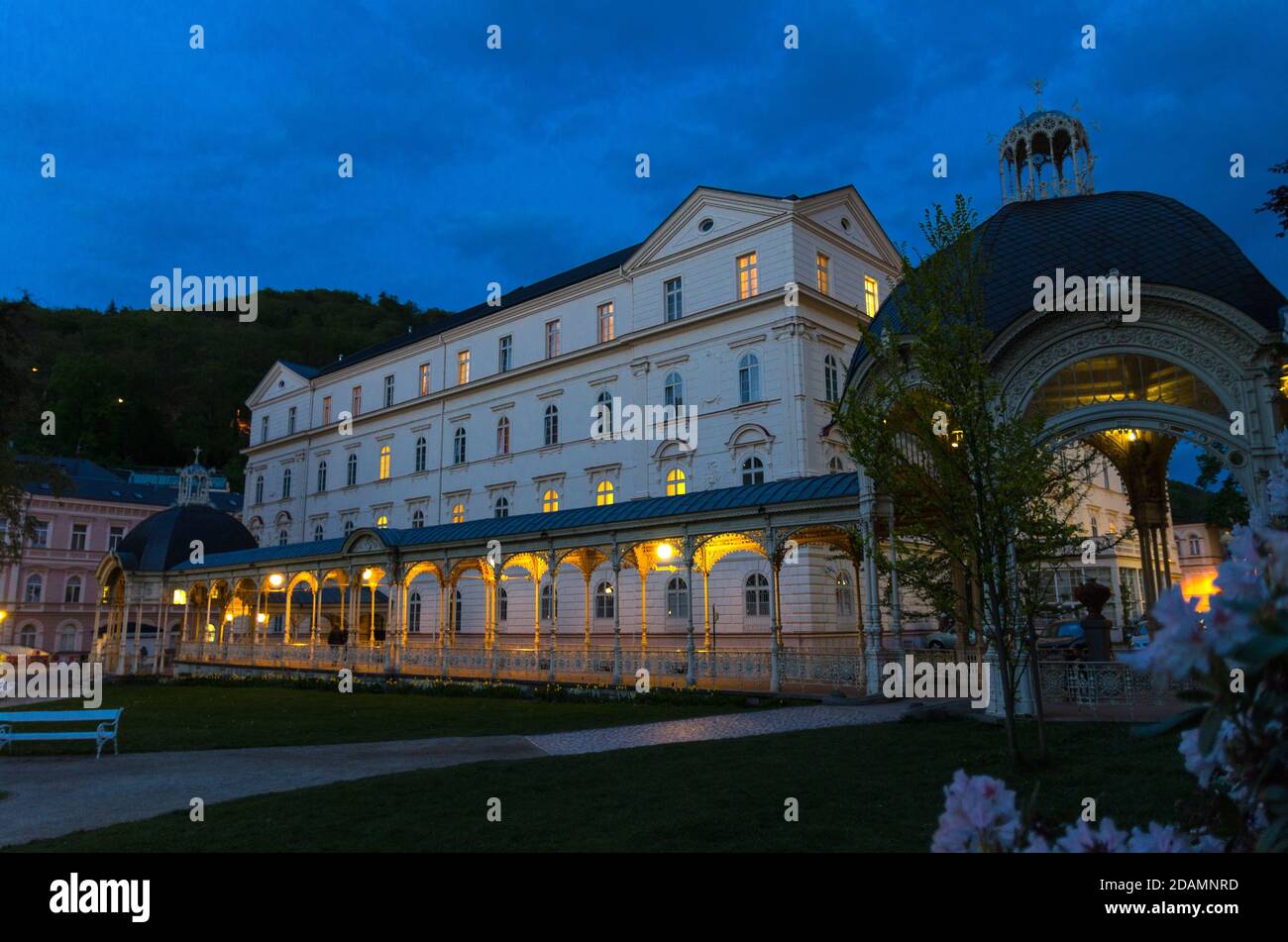 Park Colonnade with wooden arbor and lights in Dvorak Park Dvorakovy ...