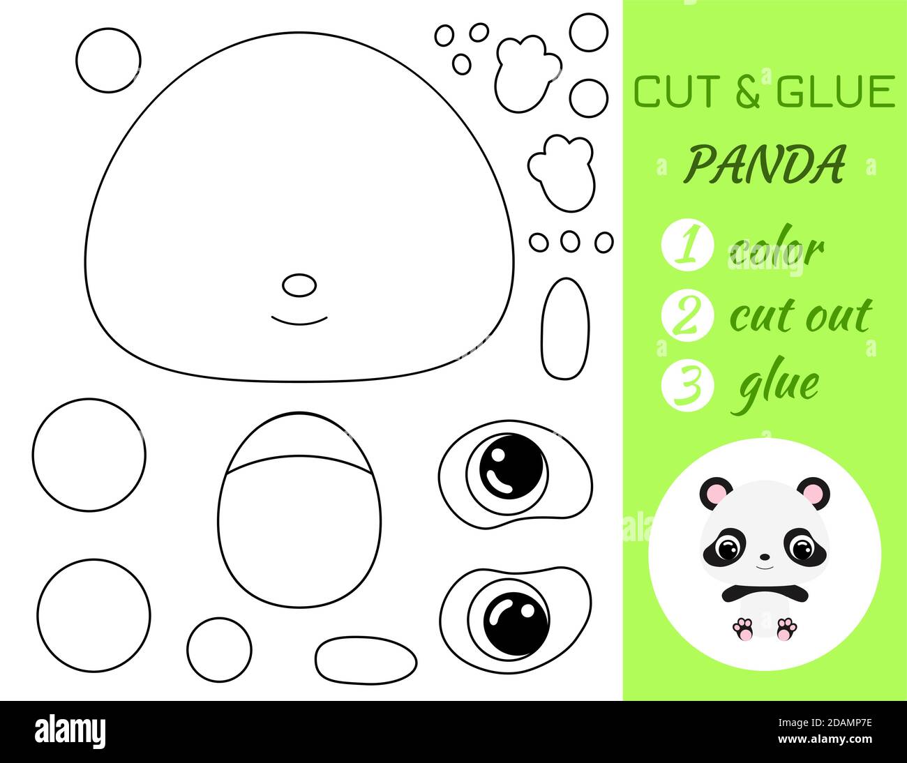 Simple educational game coloring page cut and glue sitting baby panda ...
