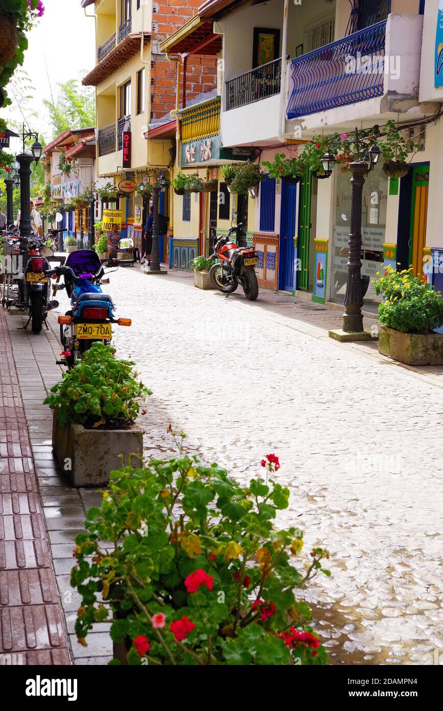 Colorful streets of Guatape city in Colombia, South America Stock Photo ...