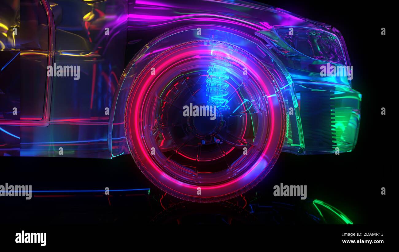 Glass car with neon lighting. The edges of the car are highlighted ...