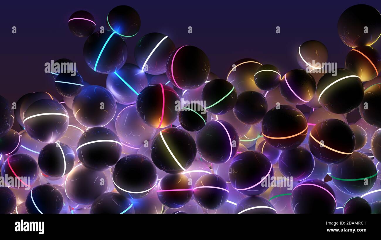 Abstract background of spheres with neon light Stock Photo - Alamy