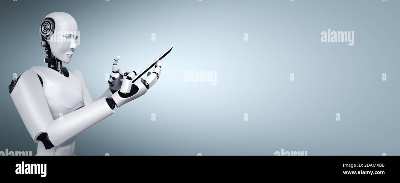 Robot humanoid use mobile phone or tablet in future office while using ...