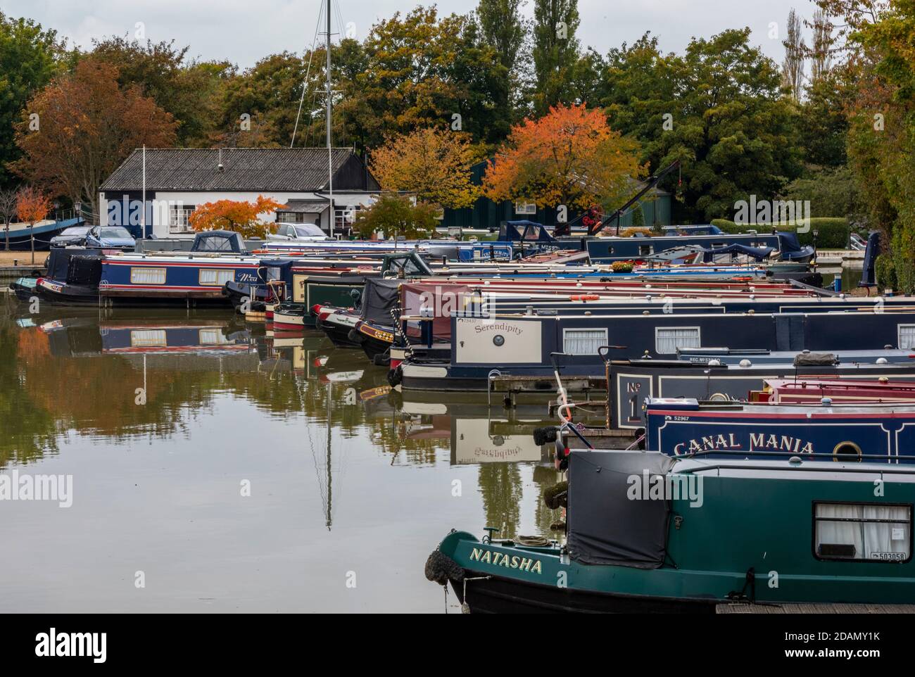colourful traditional narrow boats on the grand union canal marina at ...