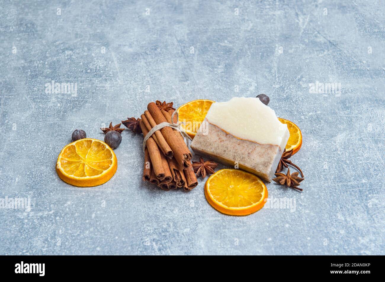Handmade soap with cinamon and orange. Body and skin care. Flat lay ...