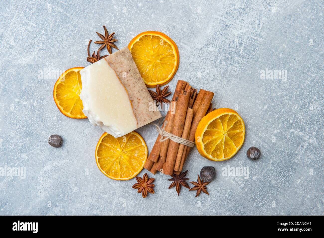 Handmade soap with cinamon and orange. Body and skin care. Flat lay ...