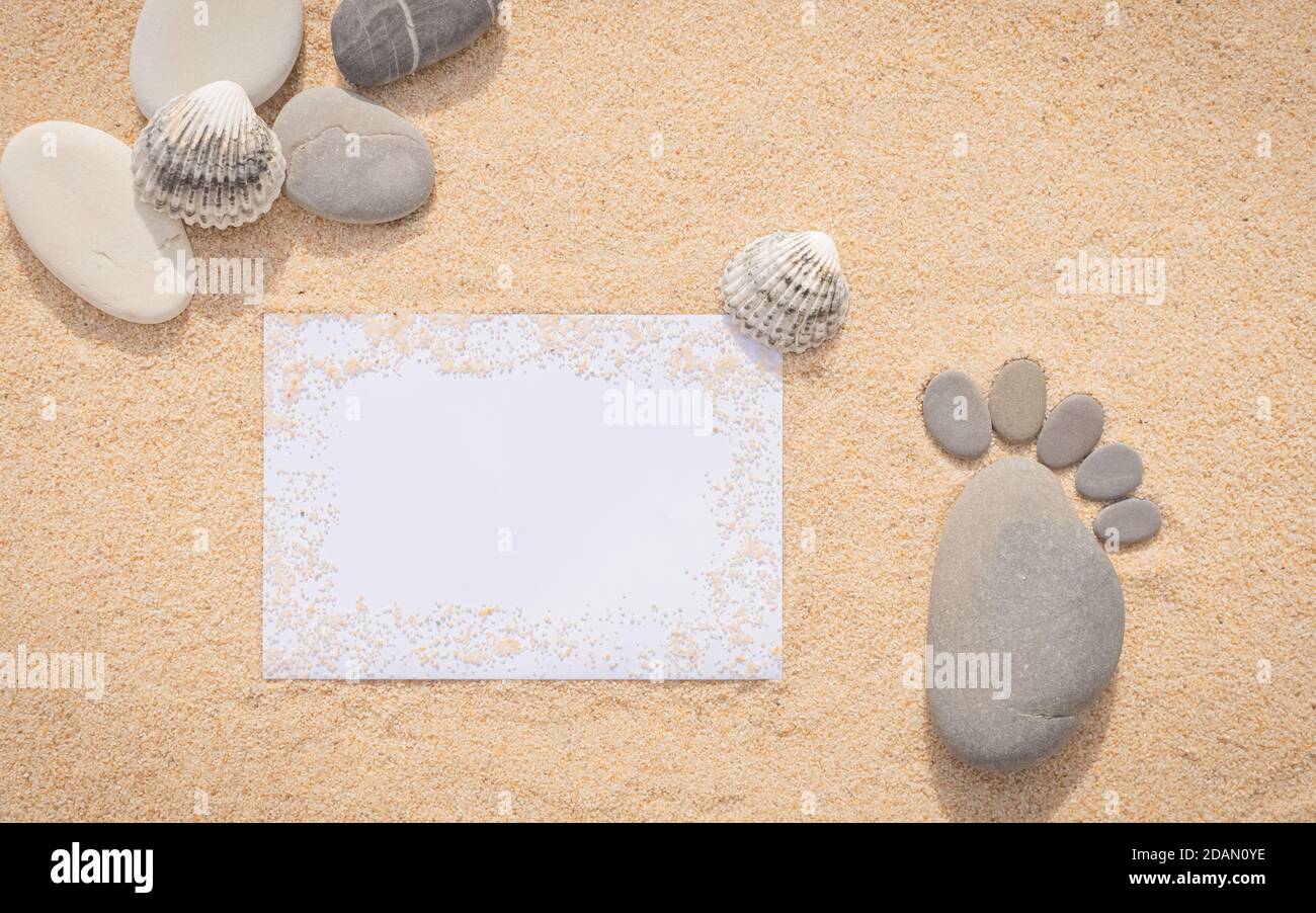 Background grains of sea sand, beach sand with envelope and pebble ...