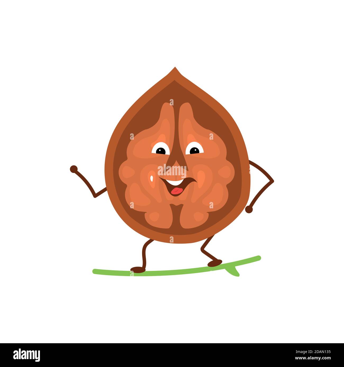 Funny cartoon character from a walnut, which stands on a surfboard ...
