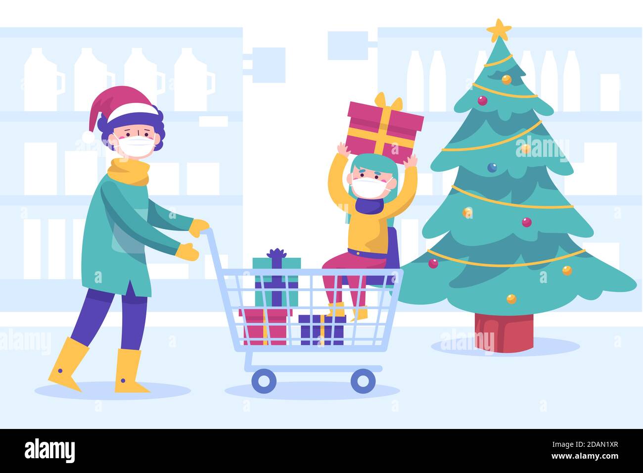 Christmas shopping scene wearing masks illustration Vector Stock Vector ...