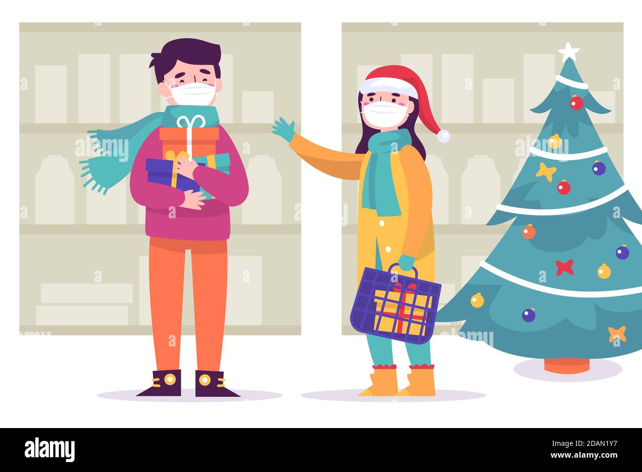 Christmas shopping scene wearing masks illustration Vector Stock Vector ...