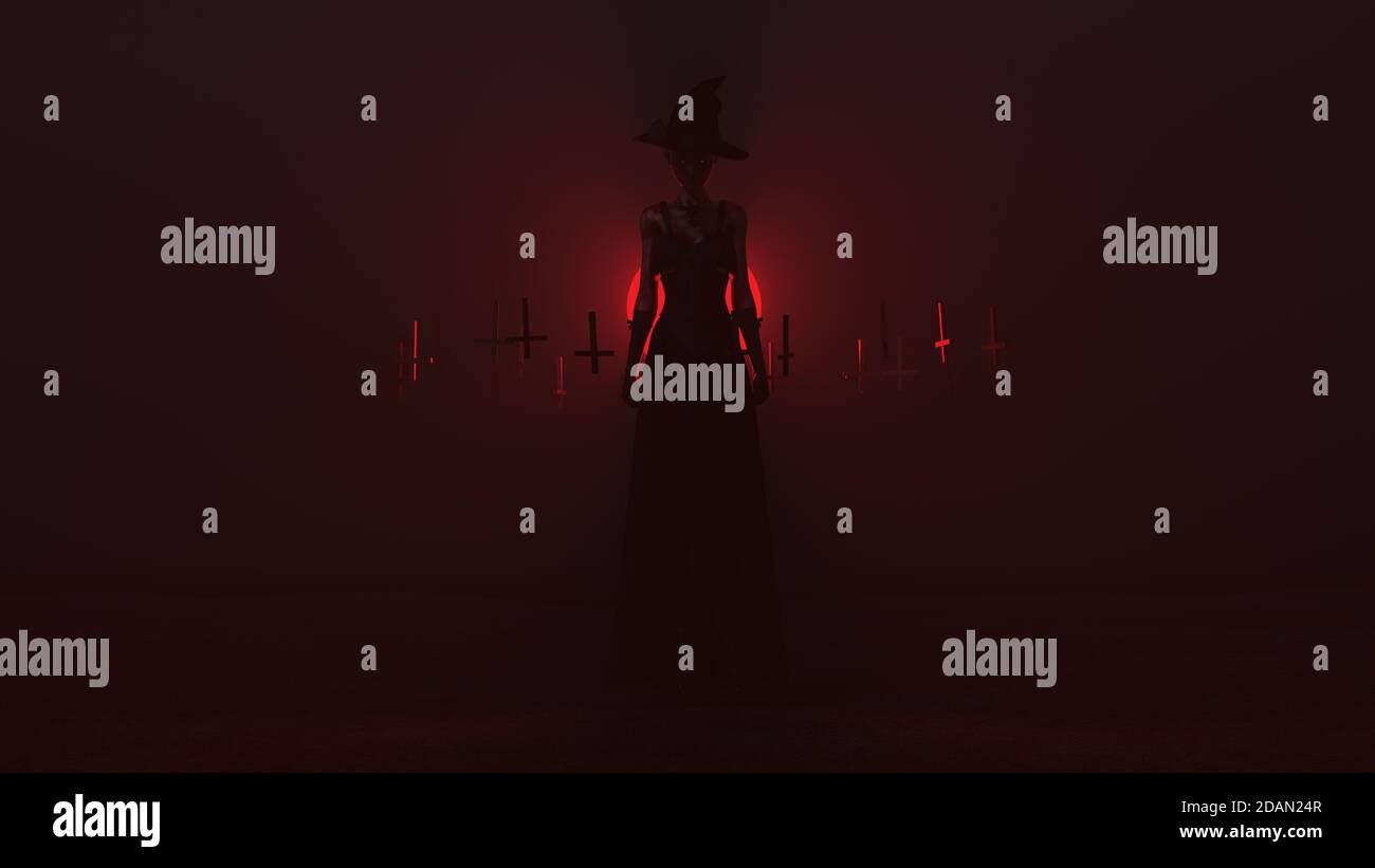 Witch with Upside Down Floating Crosses in a Foggy Void 3d illustration ...