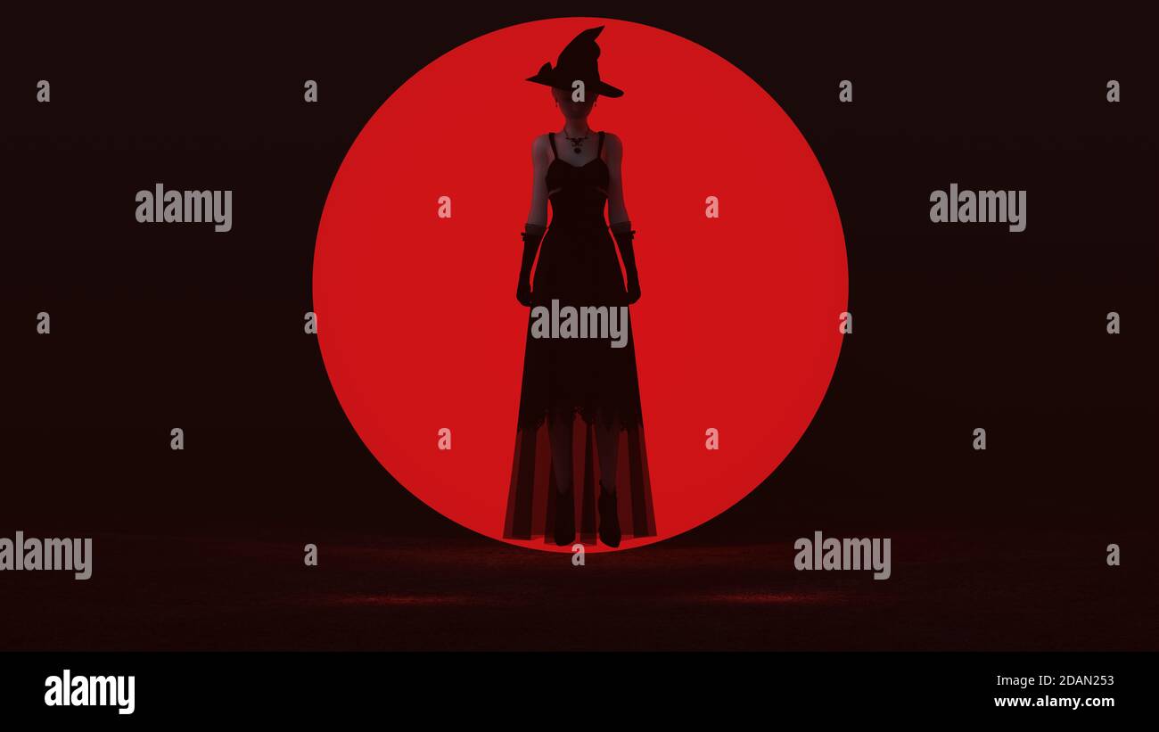 Witch Floating with Giant Red Sphere in a Void 3d illustration render ...