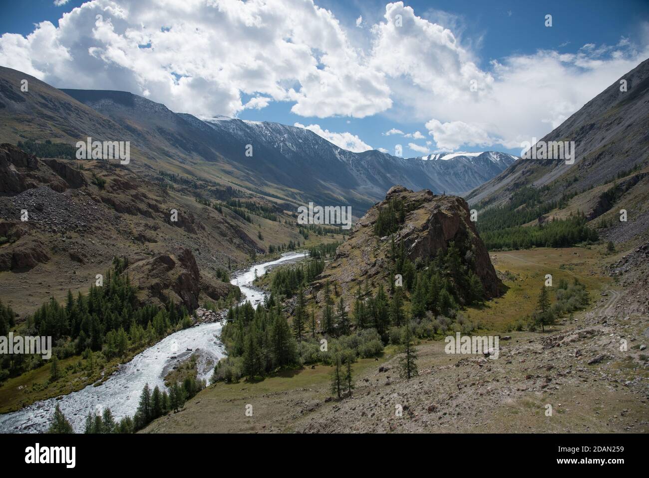 Wildlife Altai. The river, mountains and blue sky with clouds in summer ...