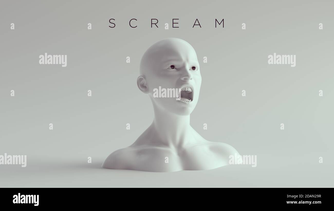 Non-Binary Screaming Female Male White Bust Head Back and Shoulders ...