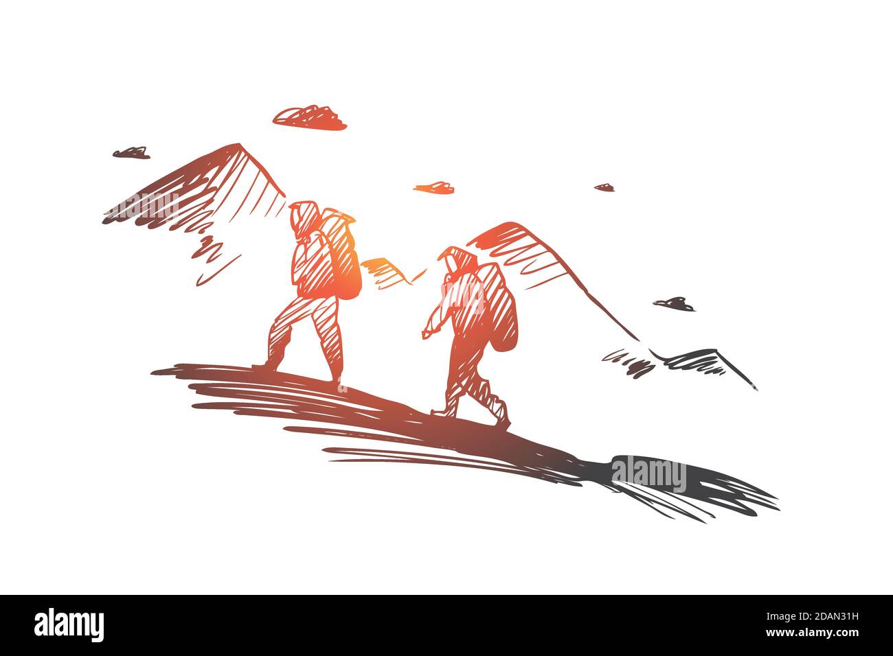 Conquer, achieve, together, challenge, climbing concept. Hand drawn ...