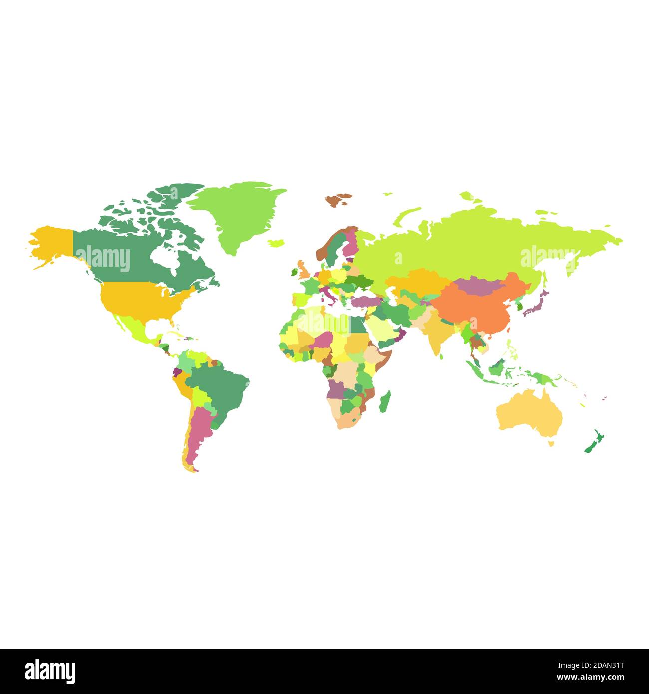 Color map of the world divided into countries on a white background ...