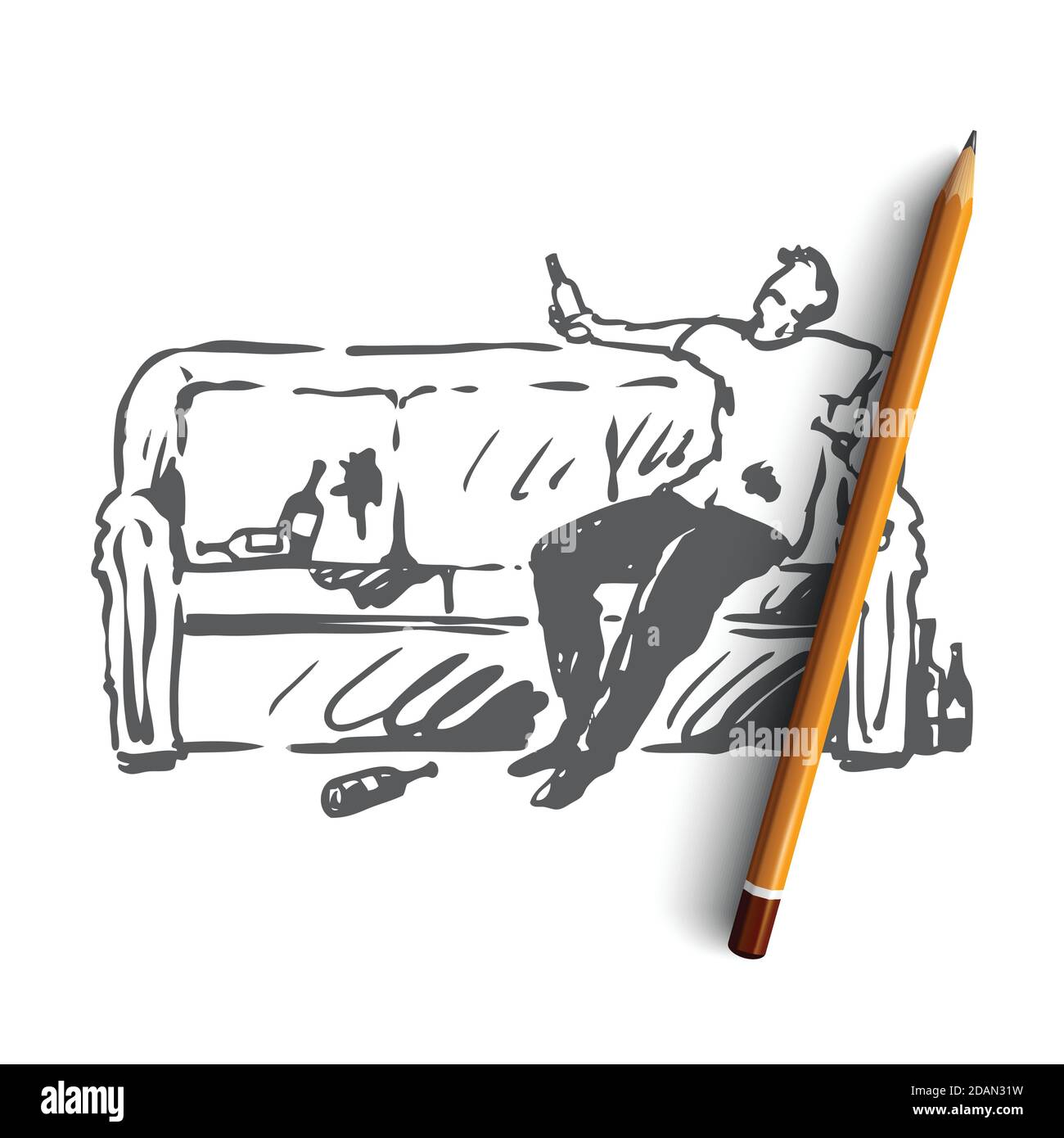 Alcoholism, man, drunk, bottle, sofa concept. Hand drawn isolated ...