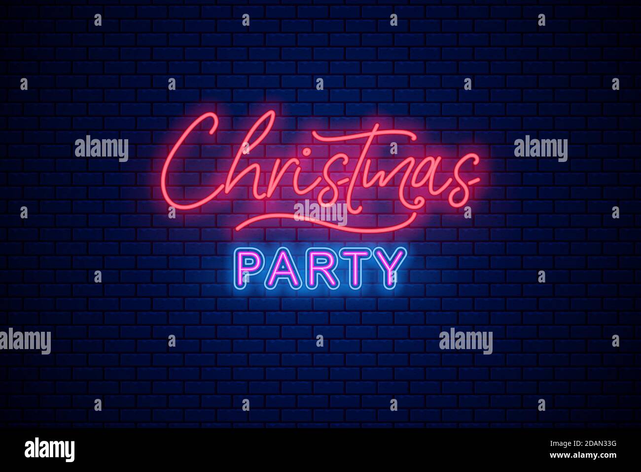Invitation to a Christmas party. Neon sign on dark brick background ...