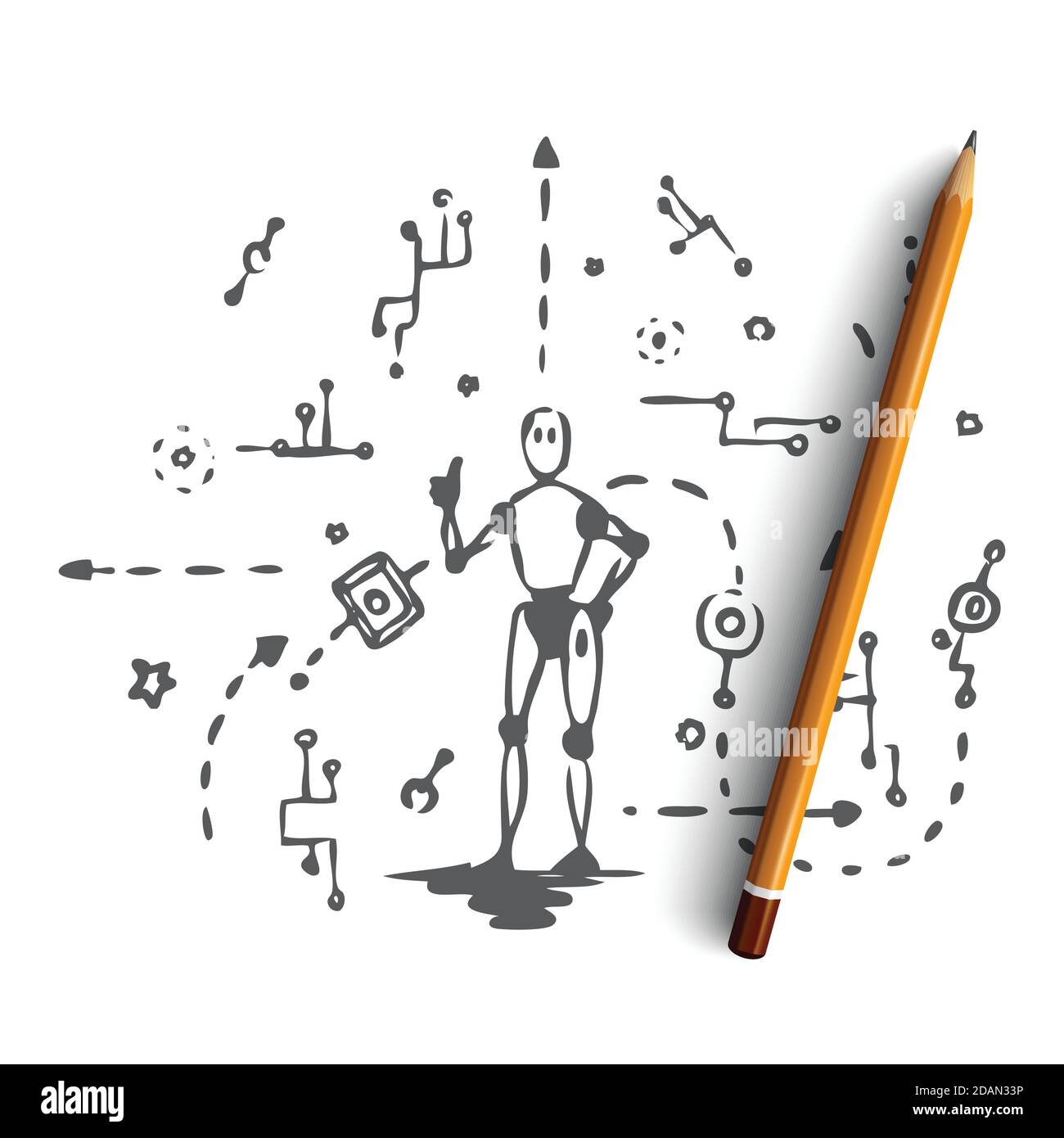Scheme, machine, robot, technology, android concept. Hand drawn ...