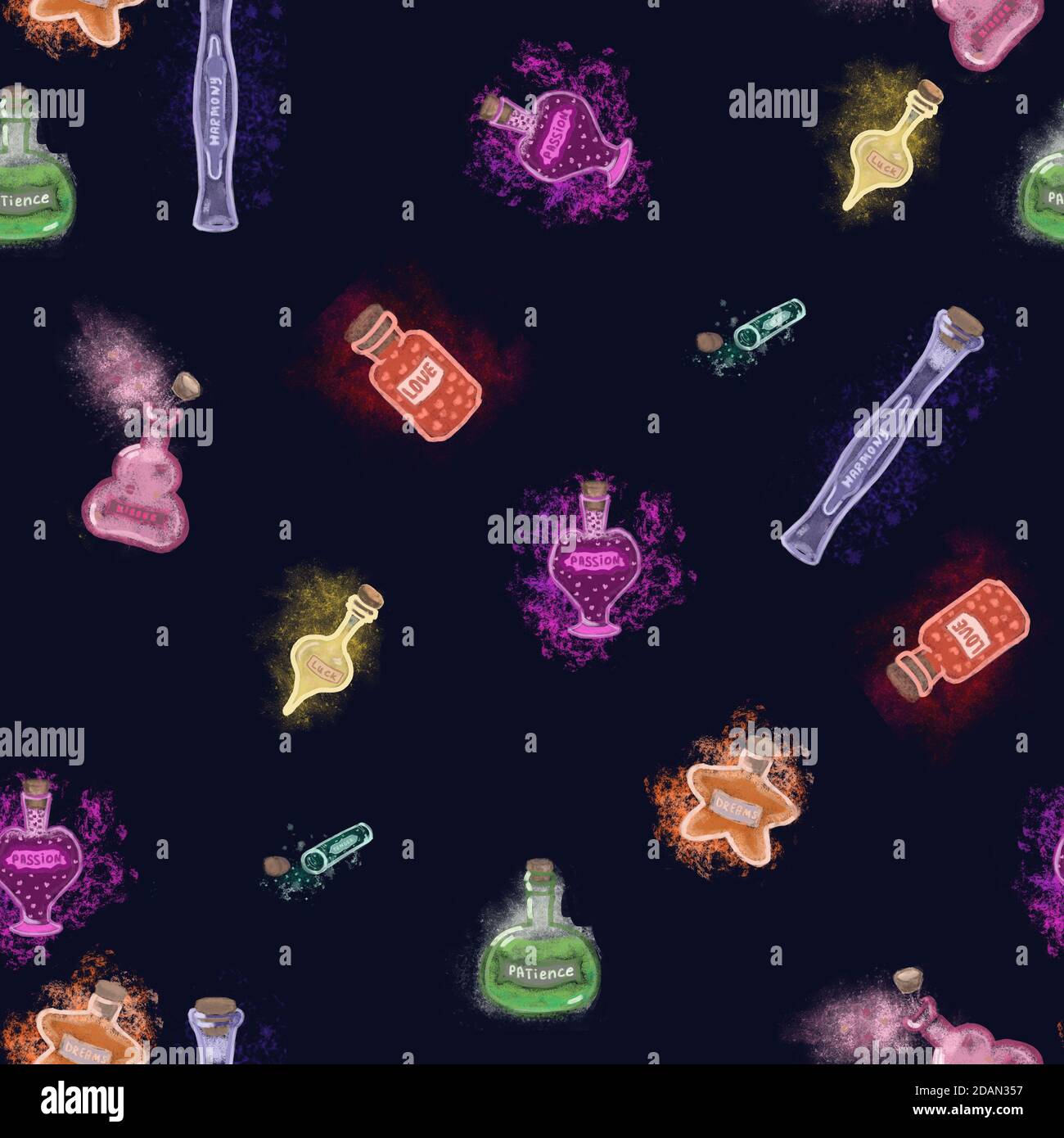 Pattern with multy color magic bottles Stock Photo - Alamy