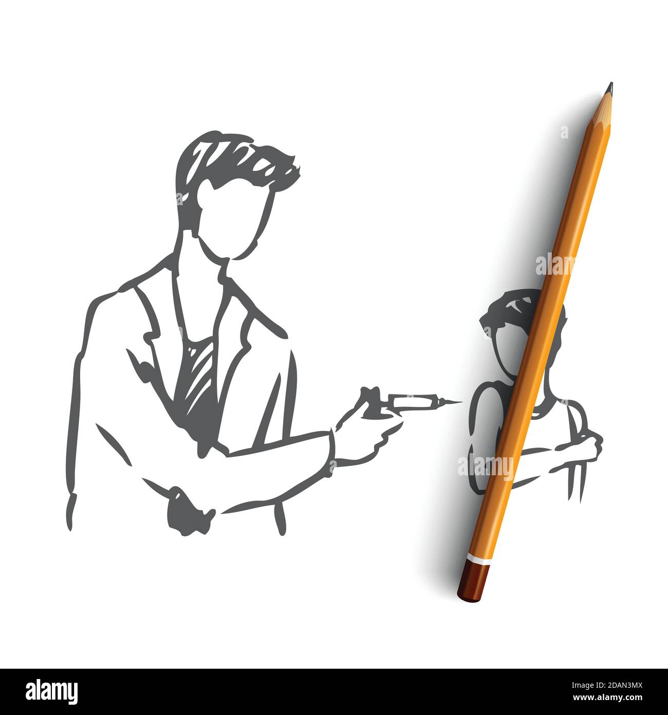 Kid, doctor, vaccine, injection, boy concept. Hand drawn isolated ...