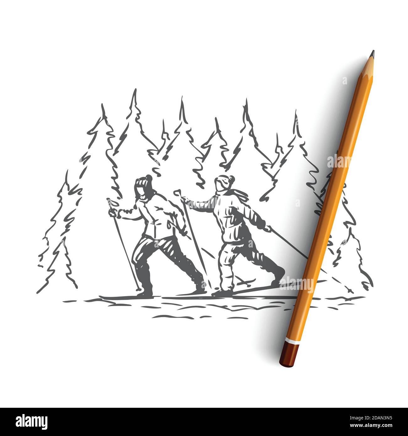 Ski, sport, winter, mountains, snow concept. Hand drawn isolated vector ...