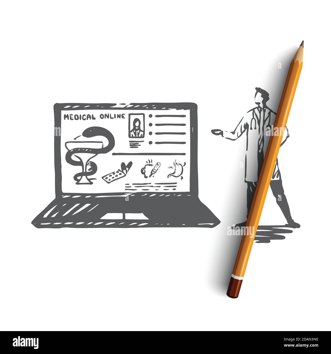 Doctor, online, medicine, laptop, service concept. Hand drawn isolated ...