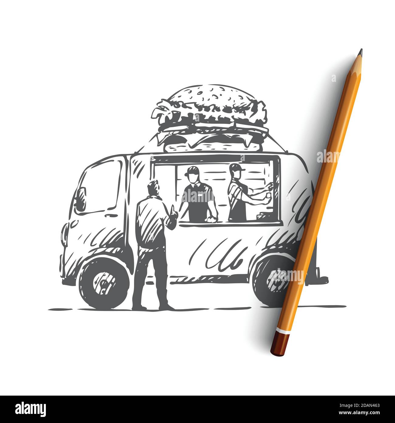 Burger, car, fast food, shop, truck concept. Hand drawn isolated vector ...