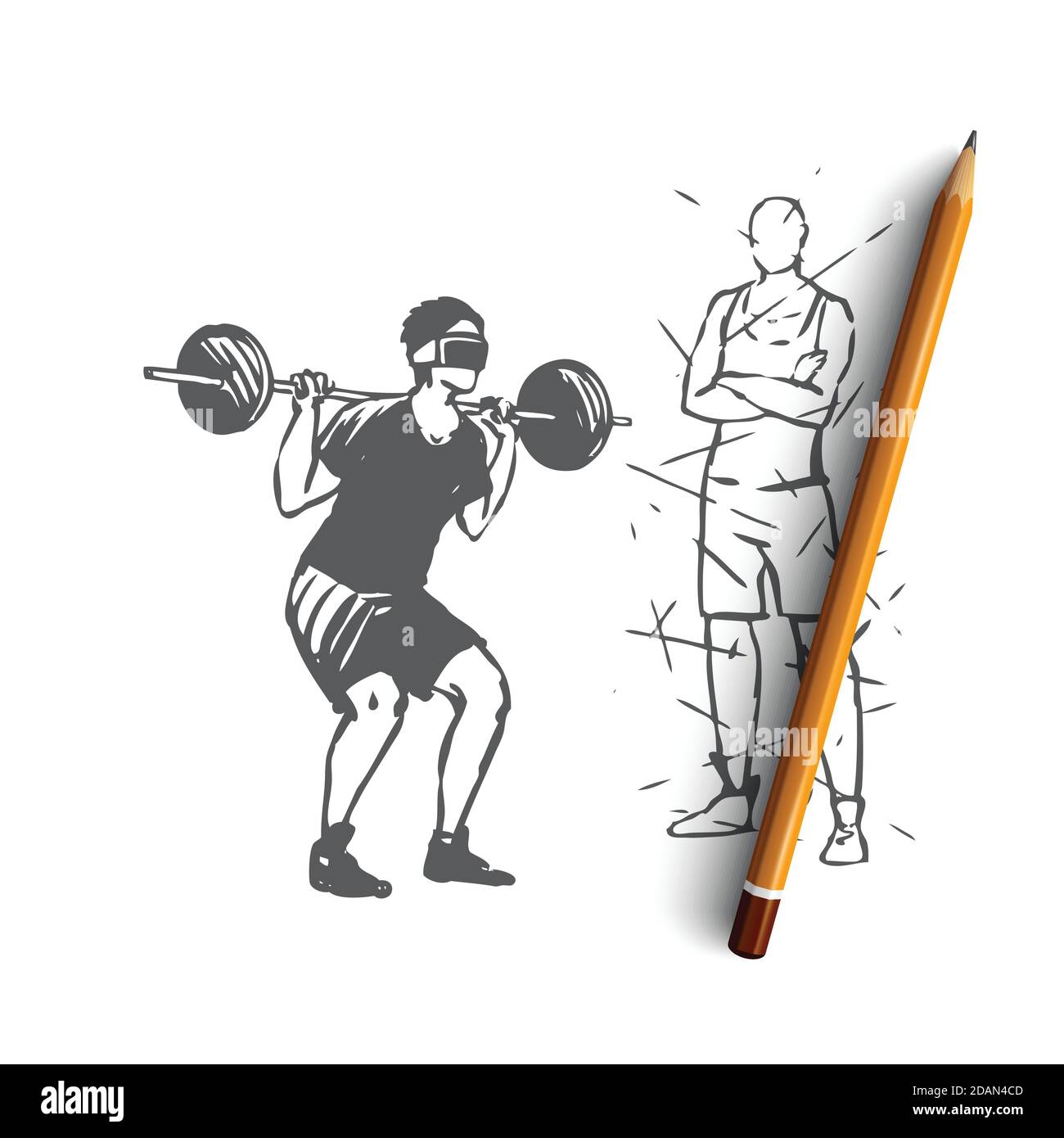 Home, gym, barbell, exercise, man, sport concept. Hand drawn isolated ...