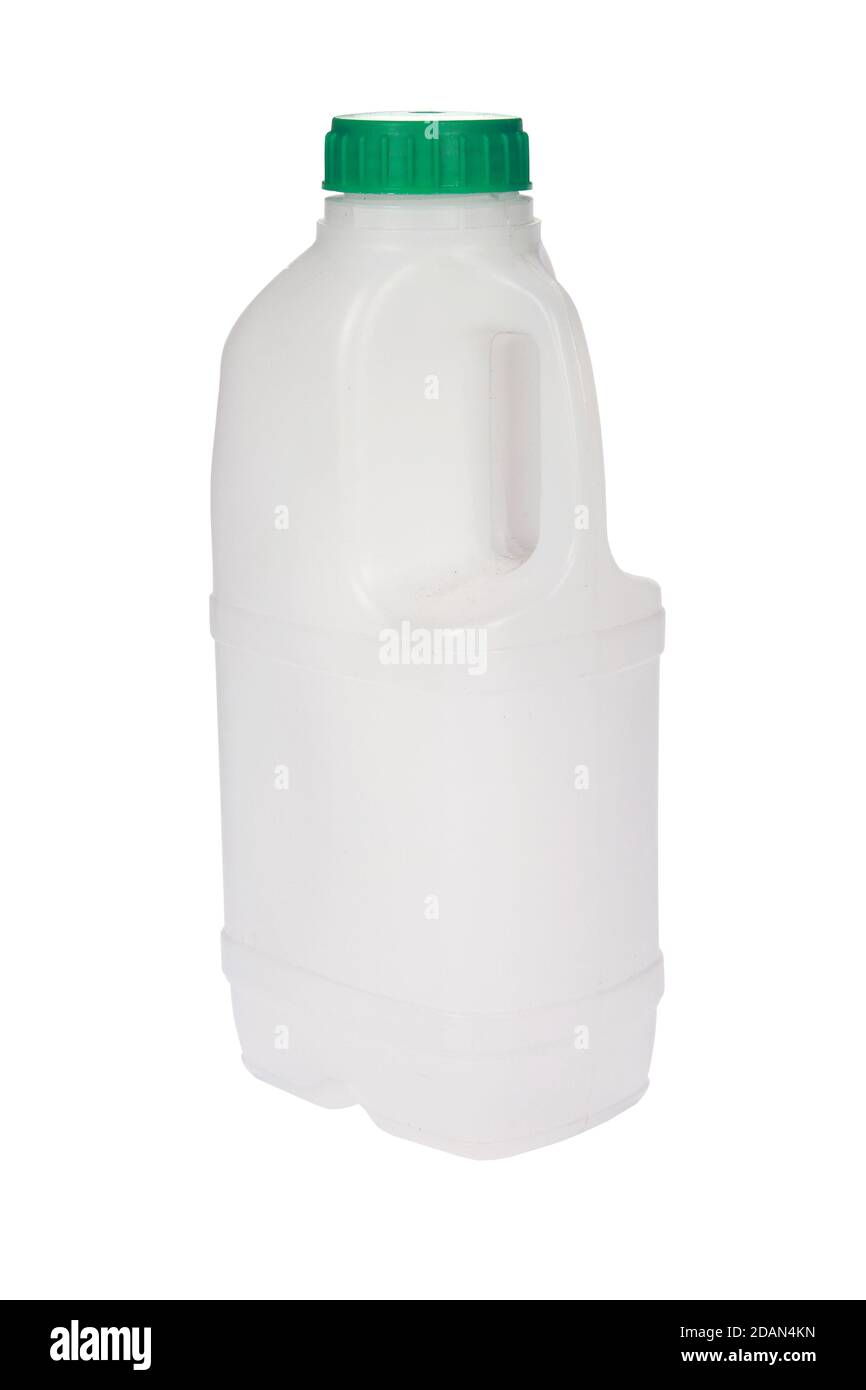Vertical shot of a plastic milk container isolated on white background ...