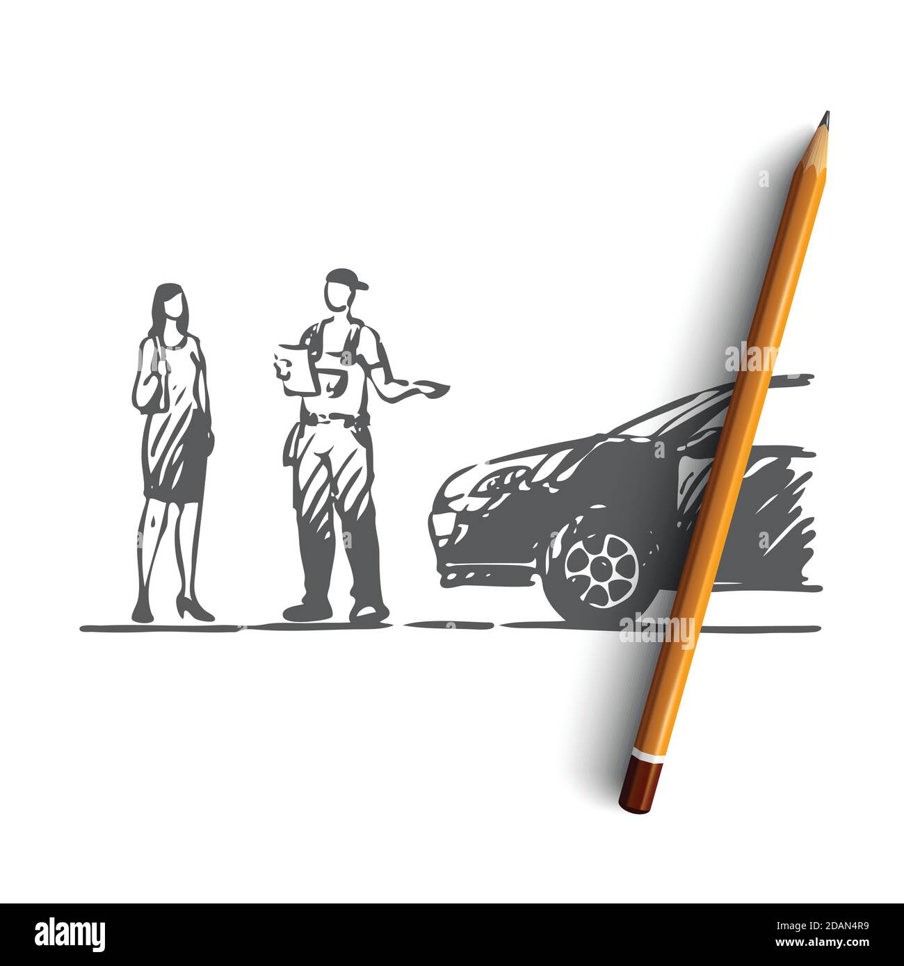 Ordering, delivery, car, service, man concept. Hand drawn isolated ...