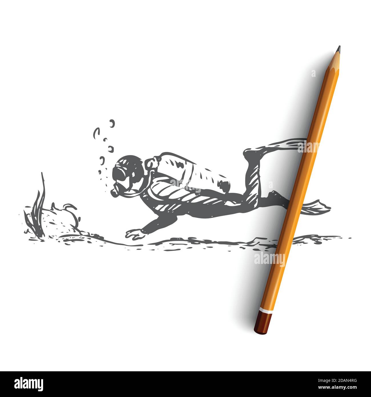 Scuba, diving, underwater, sport, sea concept. Hand drawn isolated ...