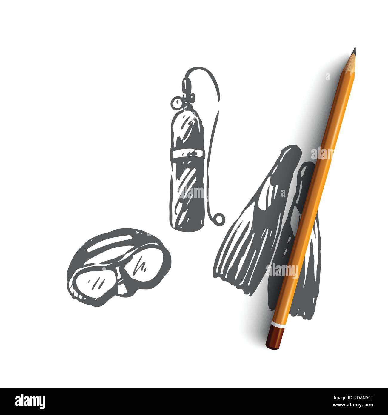 Equipment, diving, mask, underwater, scuba concept. Hand drawn isolated ...
