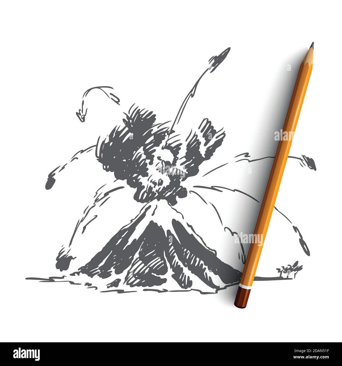 Volcano, lava, eruption, mountain, ash concept. Hand drawn isolated ...