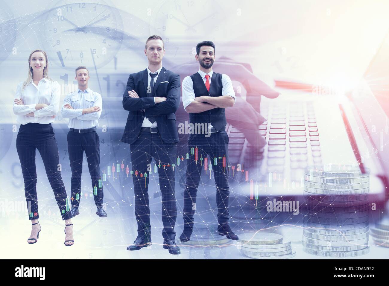 Successful business teamwork overlay with clock chart for working hours ...