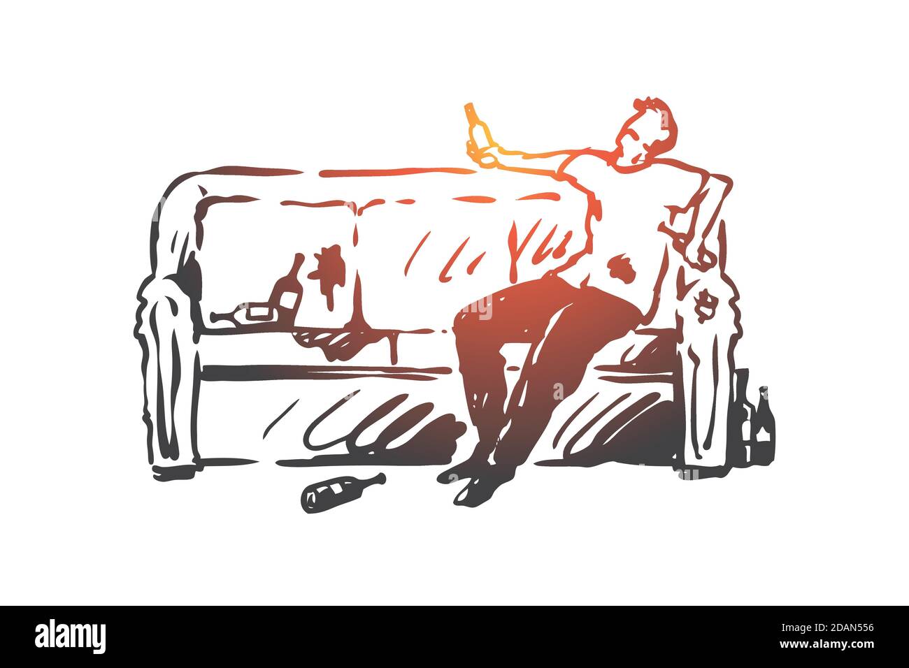 Alcoholism, man, drunk, bottle, sofa concept. Hand drawn isolated ...