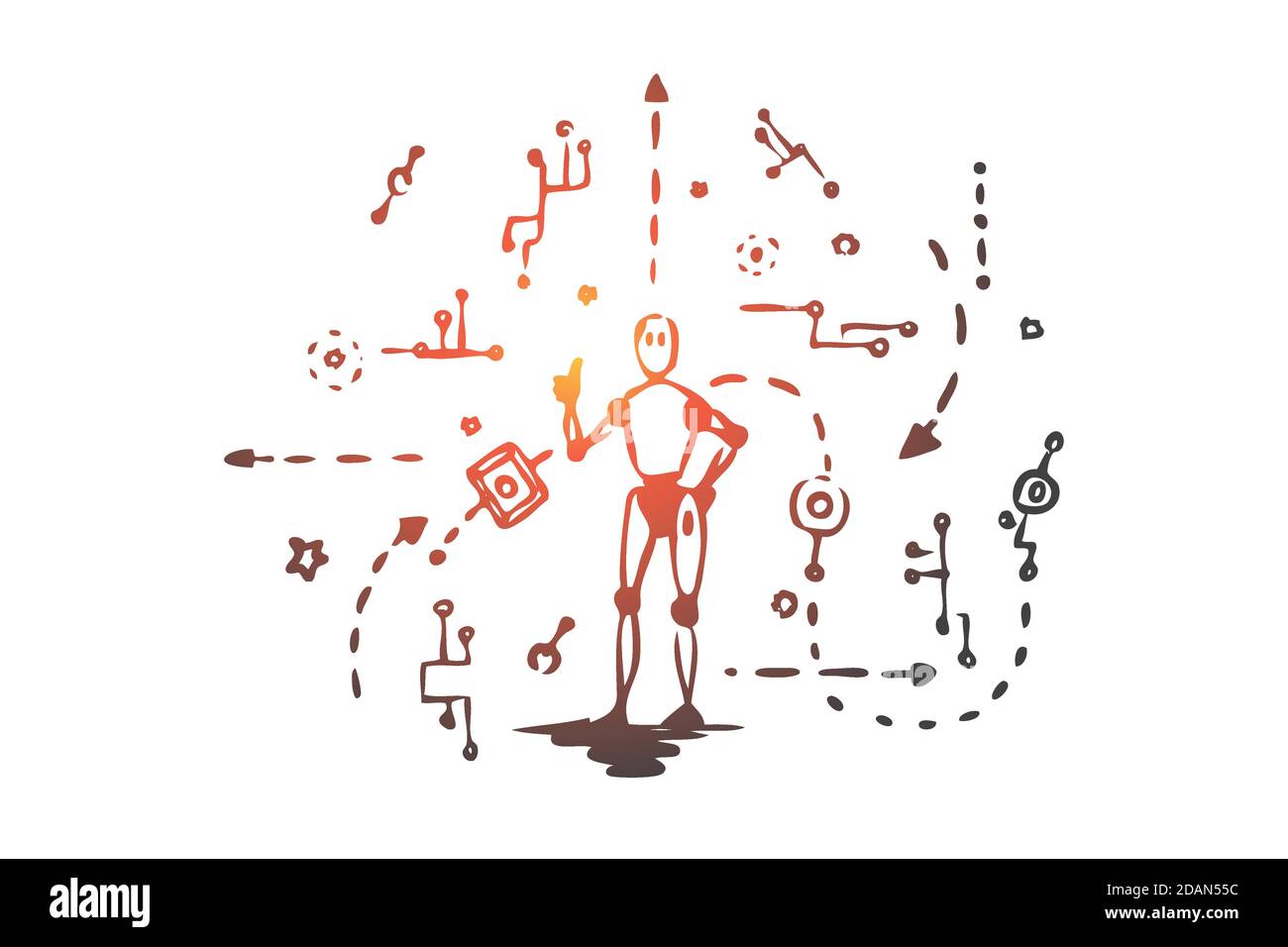 Scheme, machine, robot, technology, android concept. Hand drawn ...