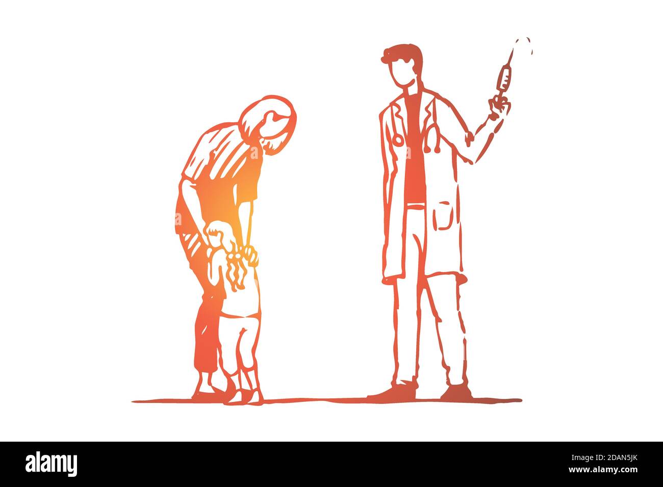 Child, doctor, injection, fear, syringe concept. Hand drawn isolated ...